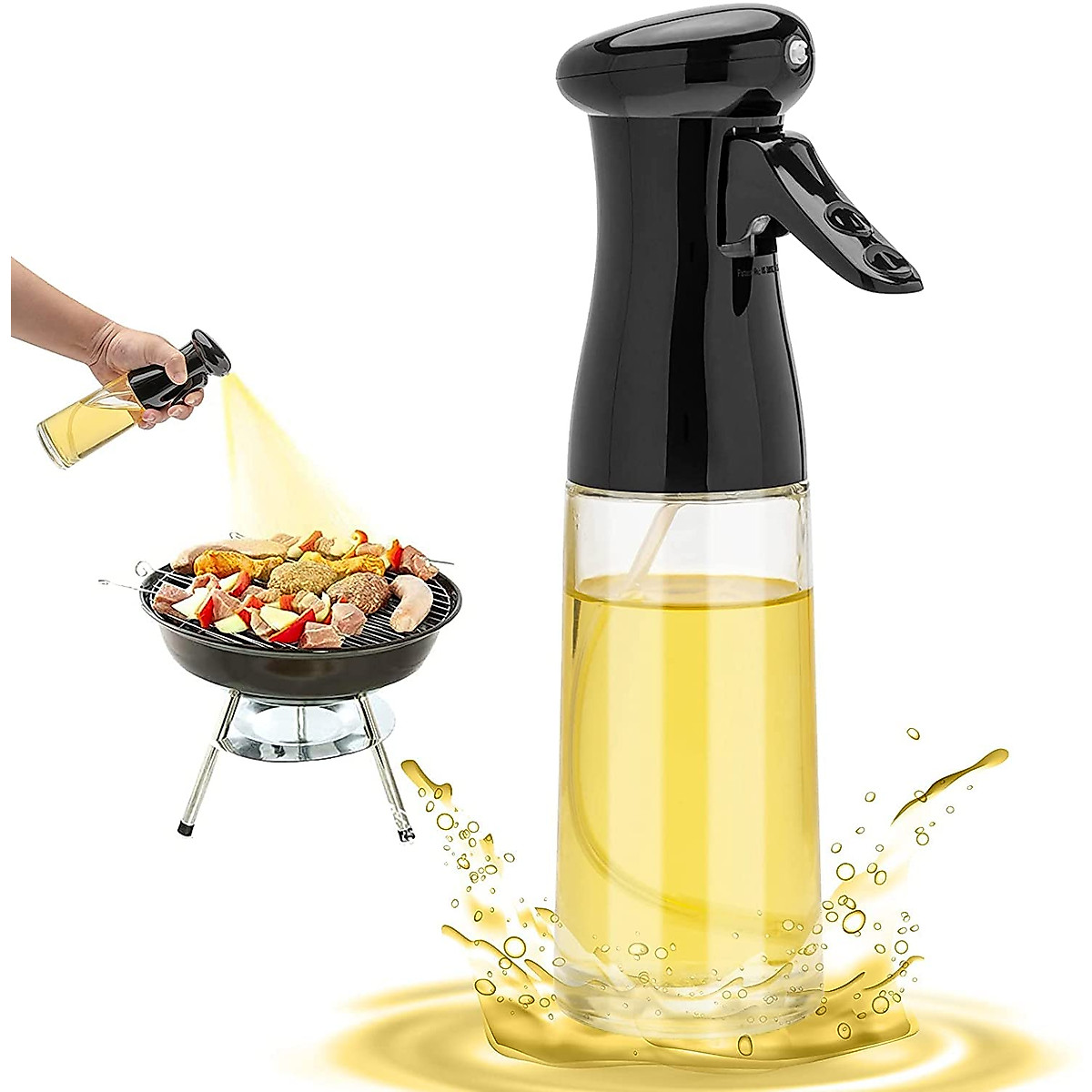 Olive Oil Sprayer for Cooking - 200ml Glass Oil Dispenser Bottle Spray Mister - Refillable Food Grade Oil Vinegar Spritzer Sprayer Bottles for Kitchen, Air Fryer, Salad, Baking, Grilling, Frying (Black)