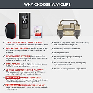 WAYCLIF 4-in-1 Tire Inflator Portable Air Compressor w/Quick Inflate Technology, Tire Pressure Gauge, Dual Screen, 150 PSI Cordless Air Pump for Cars, Bikes, Balls, Inflatable & Tire Repair Kit, Case