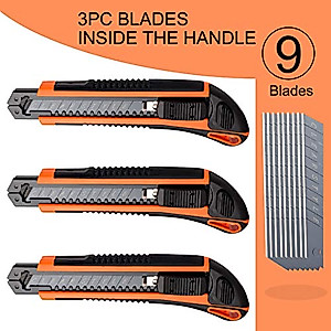 Utility Knife Heavy Duty Box Cutter| Craft 18mm Retractable and Auto Charge - Work Perfect in Everyday Use, TPR Handle, ABS Body and Anti Rust Blade Slot (3 Pack)