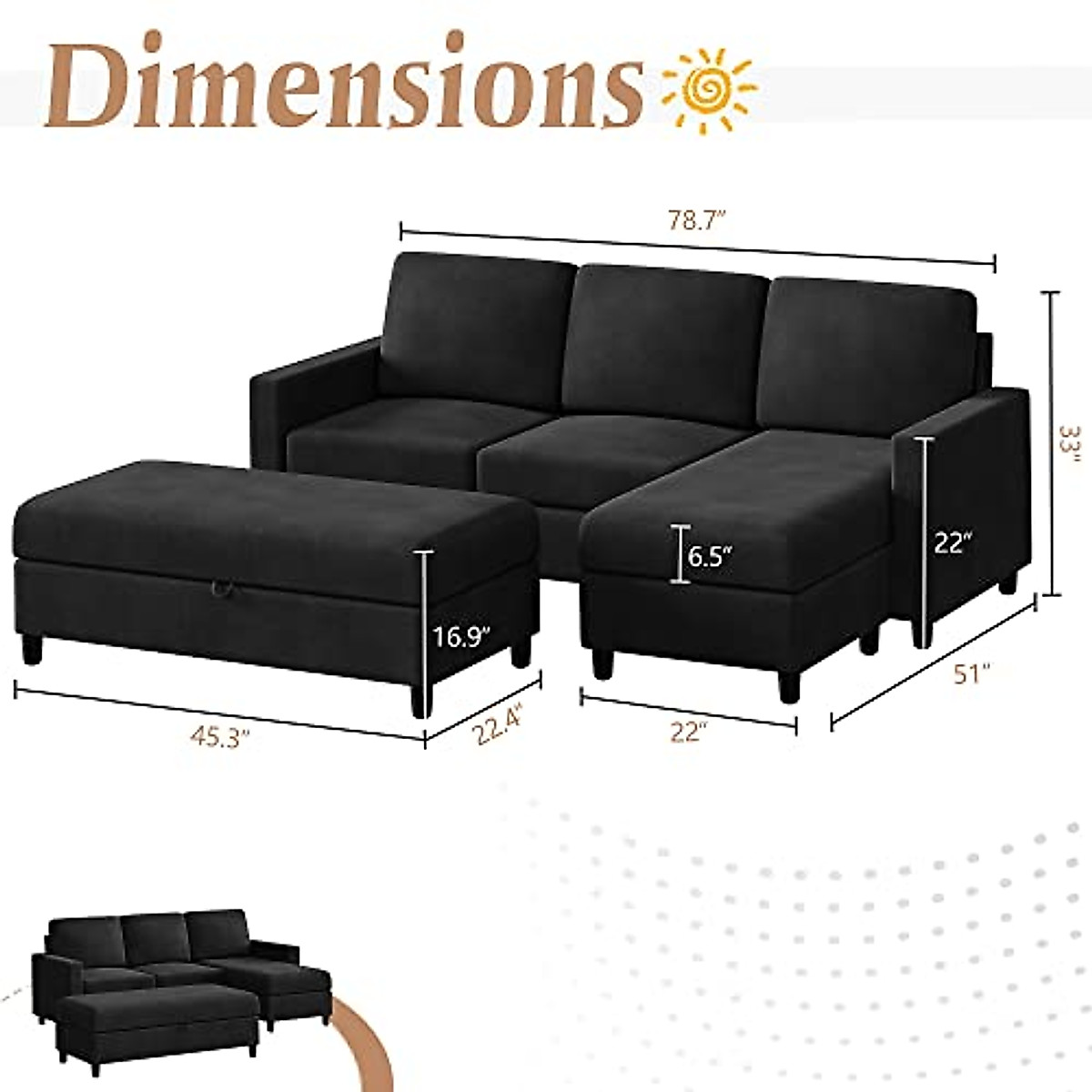 JAMFLY 79'' Sectional Sofa Couch with Storage Ottoman, Living Room Furniture Set Small Deep Convertible Sofa, L-Shaped Couch Wide Reversible Chaise with Linen Fabric (Charcoal Grey)