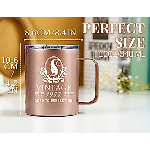 Onebttl 71th Birthday Gifts for Women, 1953 Birthday Gifts, Vintage 1953 Age to Perfection, 71th Birthday, 12oz Insulated Stainless Steel Wine Tumbler, Rose Gold