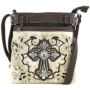 Justin West Cowgirl Western Rhinestone Cross Floral Embroidery Studded Concealed Carry Handbag Purse Trifold Crossbody Messenger Bag Wallet (Beige Busy Messenger)