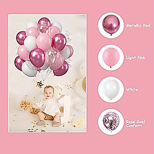 60PCS Pink and White Balloons, 12Inch Baby Light Pink White Party Balloon Set with Metallic Red Balloons, Rose Gold Confetti Helium Latex Balloons for Girls Birthday Baby Shower Wedding Decorations