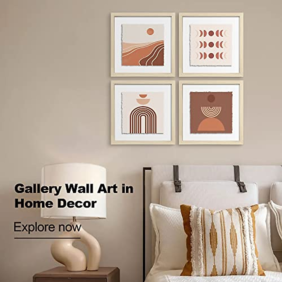 ArtbyHannah 4 Pack 12x12 Framed Boho Wall Art Decor with Decorative Mid Century Art Print Artwork for Gallery Wall or Home Decoration