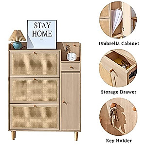 Wekity Shoe Storage Cabinet, Slim Shoe Cabinet for Entryway with 3-Tier Narrow & Storage Drawer, Rattan Shoe Cabinet with Door, Free Standing Wooden Shoe Cabinet for Entryway Hallway Doorway