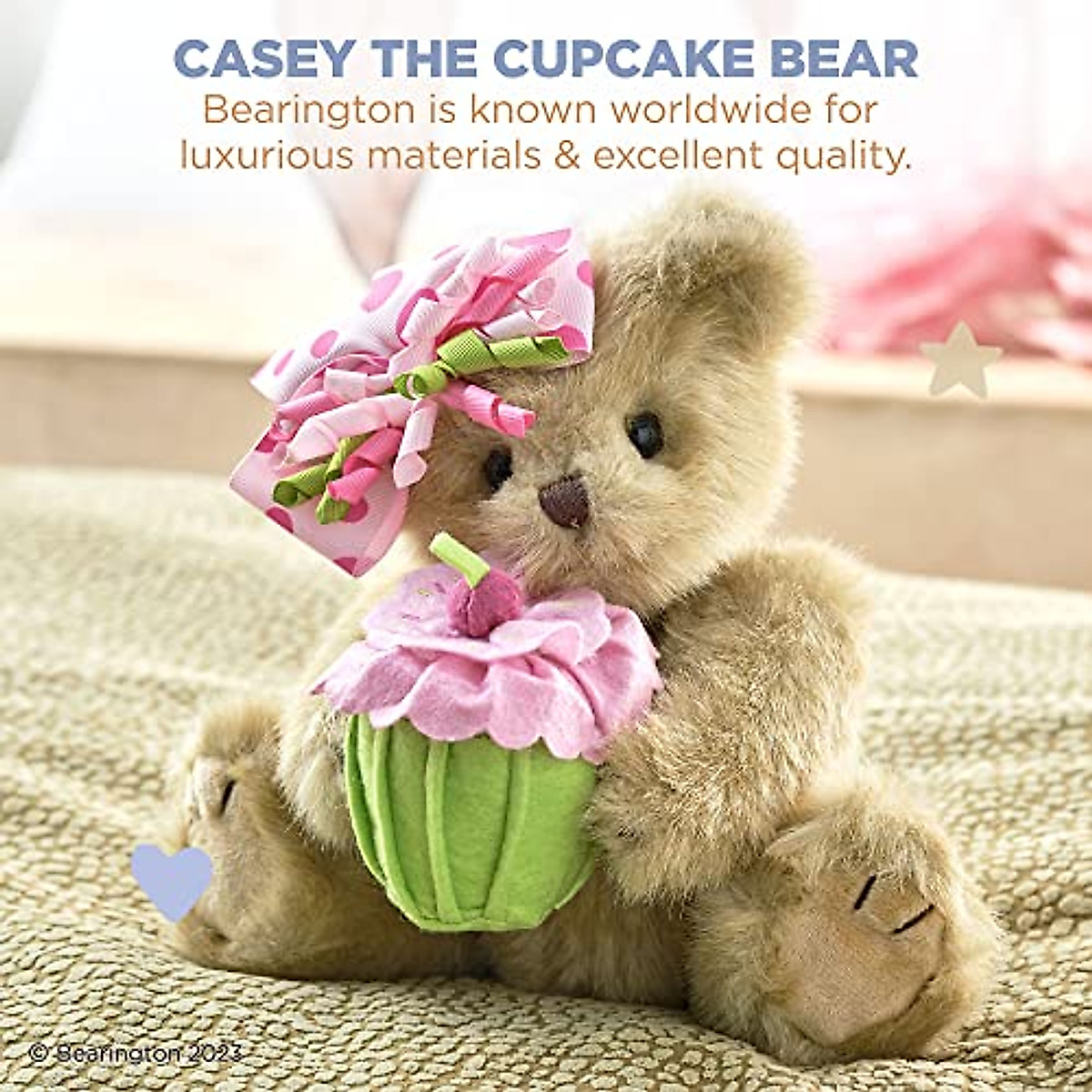 Bearington Casey The Birthday Cake Bear: 10” Tall Stuffed Teddy with Ultra-Soft Faux-Fur, Expressive Face, Adorable Hair Bow and Plush Cupcake, Machine Washable, Birthday Gift for Kids or Adults