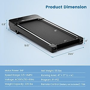Goplus Under Desk Treadmill, Electric Treadmill Walking Pad with Touchable LED Display and Wireless Remote Control, Built-in 3 Workout Modes and 12 Programs, Running Jogging for Home Office