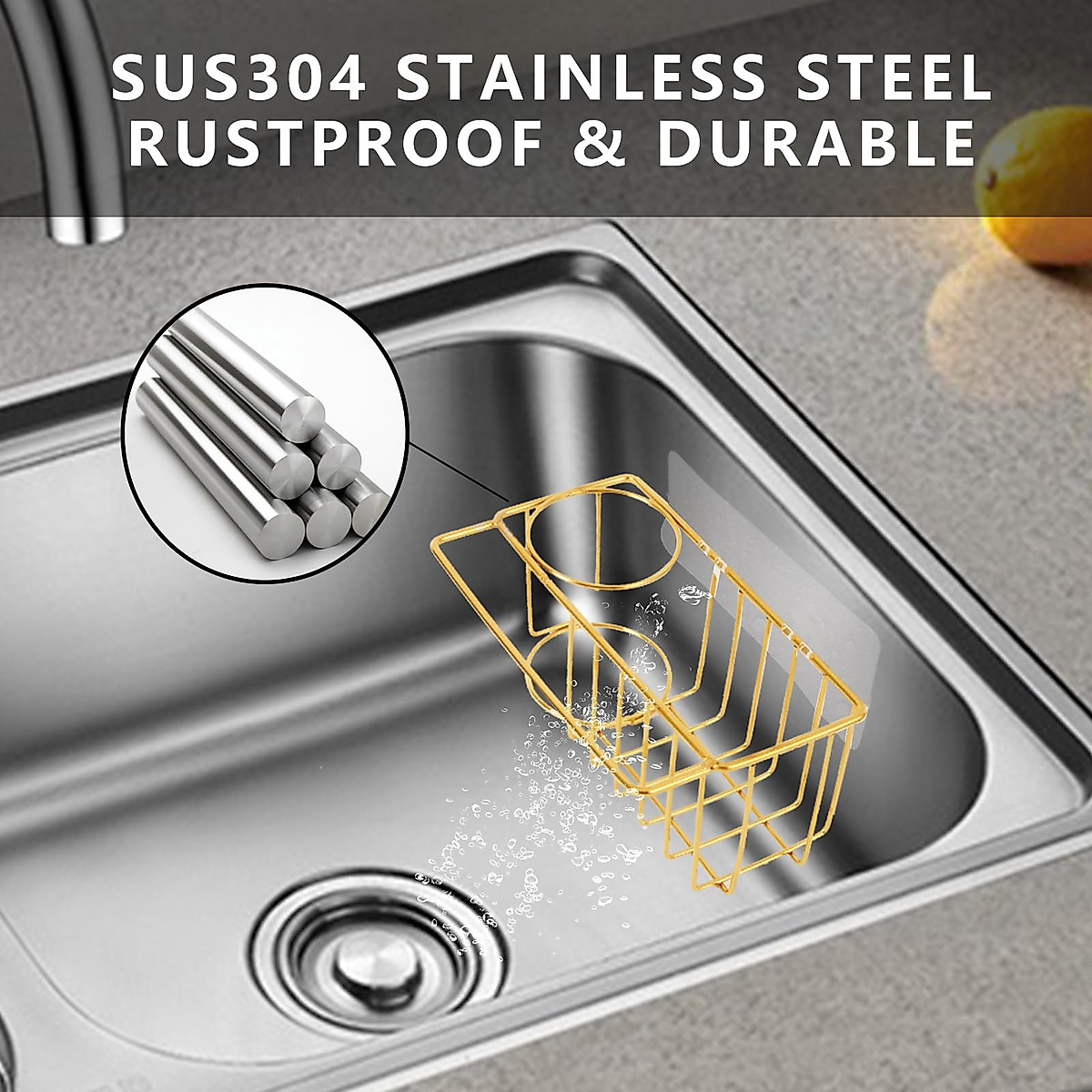 blueden 3-in-1 Adhesive Sink Caddy Kitchen Sink Organizer,Stainless Steel Sponge and Brush Holder for Kitchen Sink,Suitable for Sponges,Dish Cloth,Scrubbers, Soap, Kitchen, Bathroom.Gold