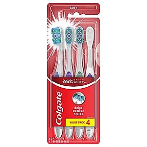 Colgate 360 Optic White Whitening Toothbrush, Adult Soft Toothbrush with Whitening Cups, Helps Whiten Teeth and Removes Odor Causing Bacteria, 4 Pack