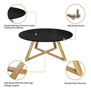 SYMXMYZ 31.5 Inches Round Coffee Table, Wooden Coffee Table, Modern Coffee Table, Oak Table Legs, Coffee Tables for Living Room Modern Design Home Furniture, Black