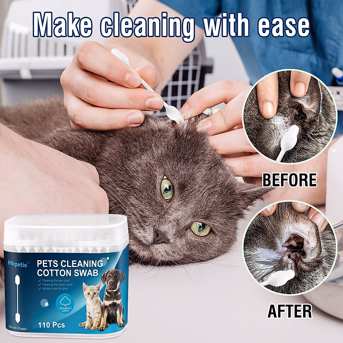 Hkpetie Cotton Swab for Pets, 110 pcs Cotton Buds for Dogs and Cats, Safety Dog Ear Infection Treatment, Specially Designed Cotton Sticks for Puppy and Kitten Ear Care