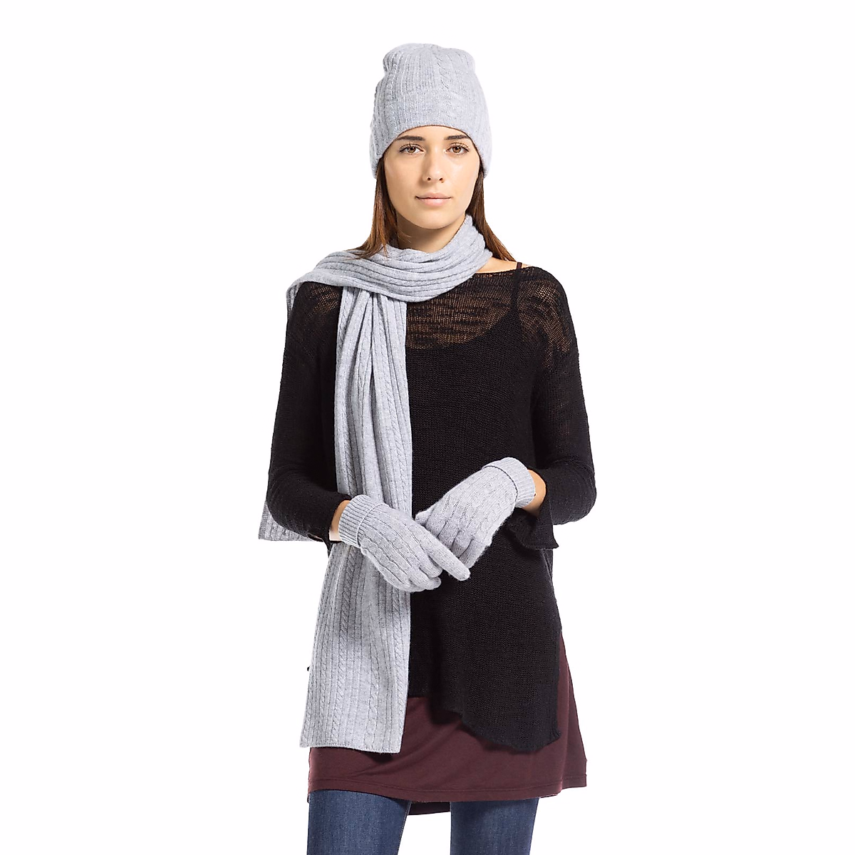 Fishers Finery Women's 100% Cashmere 3pc Cable Knit Set - Black Label Box (Heather Gray)