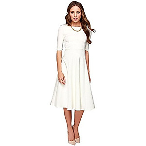 Dantiya Women's Half Sleeve Elegant Back Zipper A-Line Knee Long Dress, White, X-Small