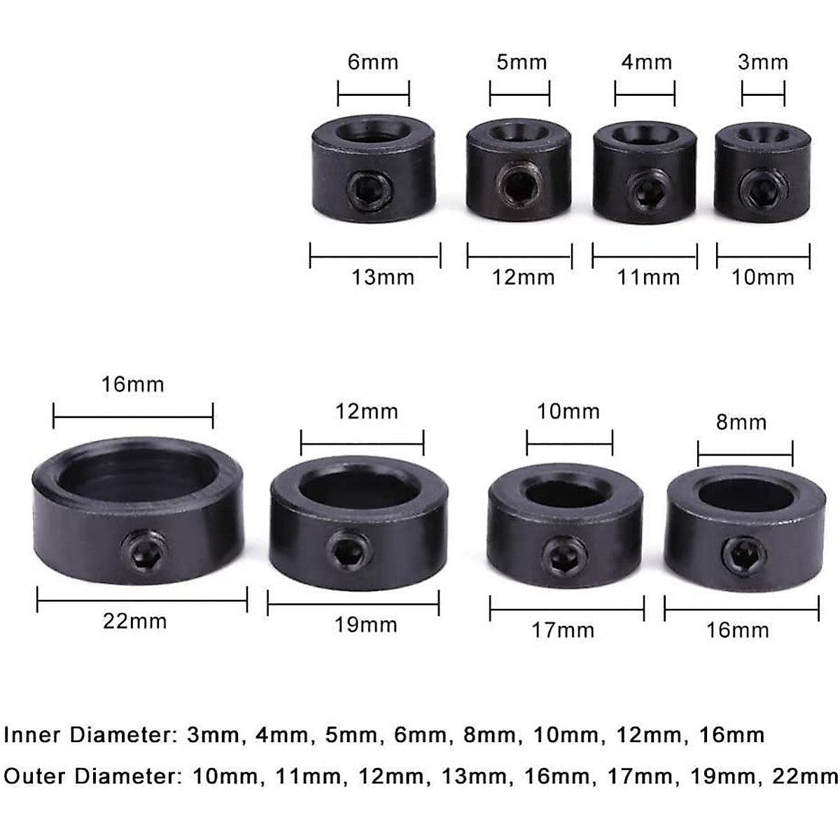 GDFYMI Drill Stop Bit Collar Set, Adjustable Drill Bit Depth Stop Collar Limit Ring with Allen Wrench, 1/8", 5/32", 3/16", 1/4", 5/16", 3/8", 1/2" and 5/8-Inch (9 Pcs, 3-16mm)
