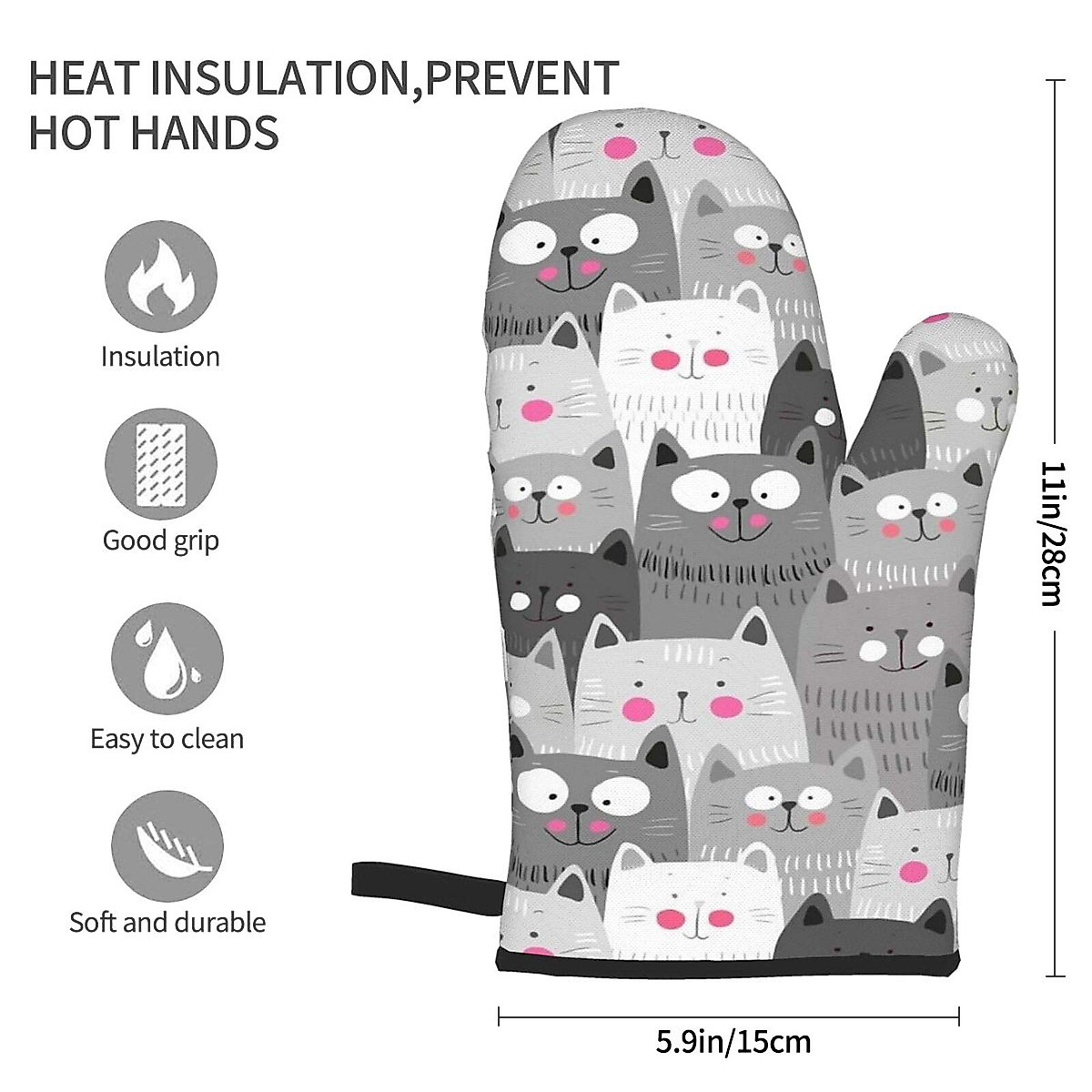 Ouqiuwa Hipster Cartoon Cute Cat Kitten Gray Oven Mitt/Glove for Easy Gripping Set of 2 Kitchen Accessories