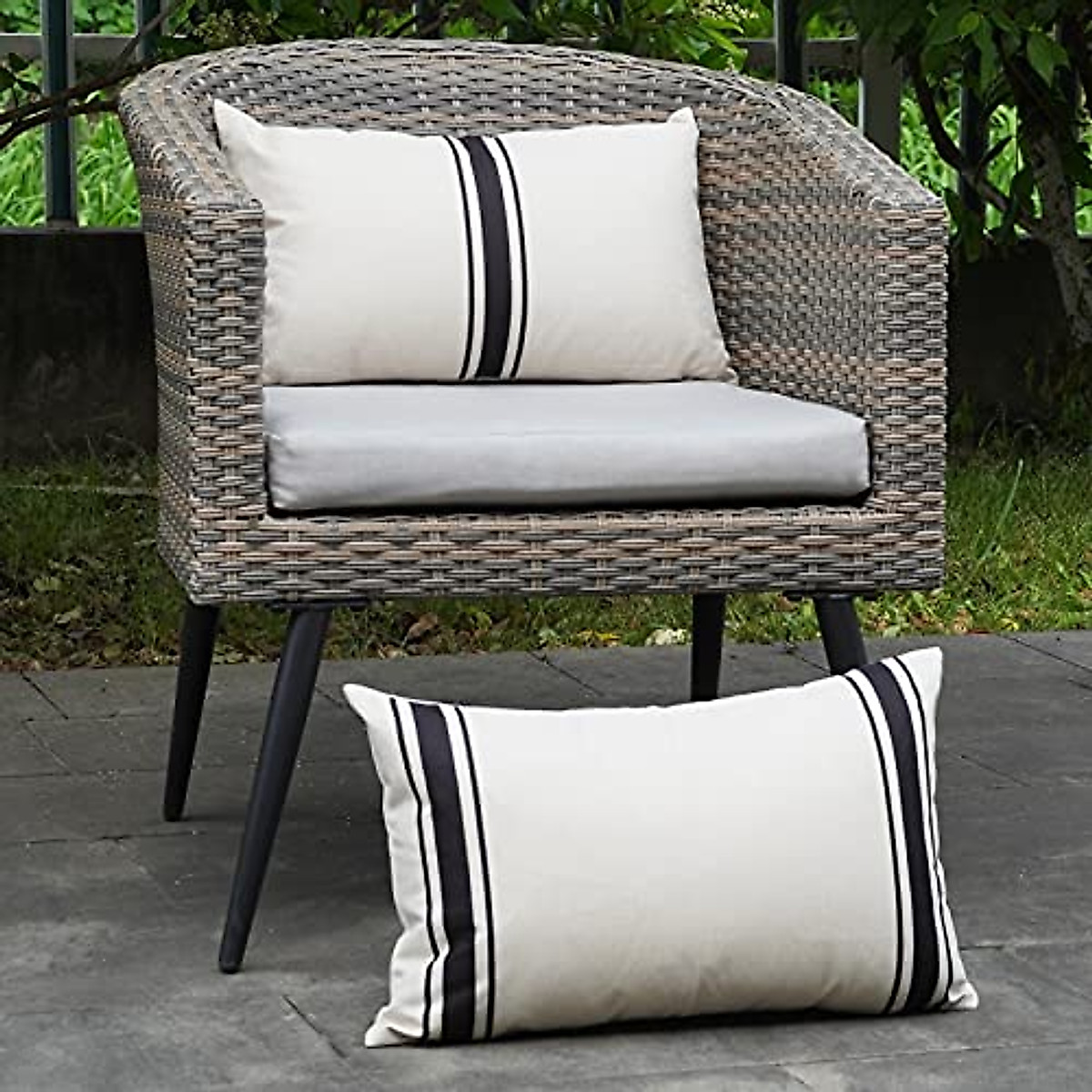 ONWAY Outdoor Pillow Covers Waterproof 12X20 Set of 2 Lumbar Throw Pillow Cover Beige and Black Striped Outdoor Pillows for Patio Furniture