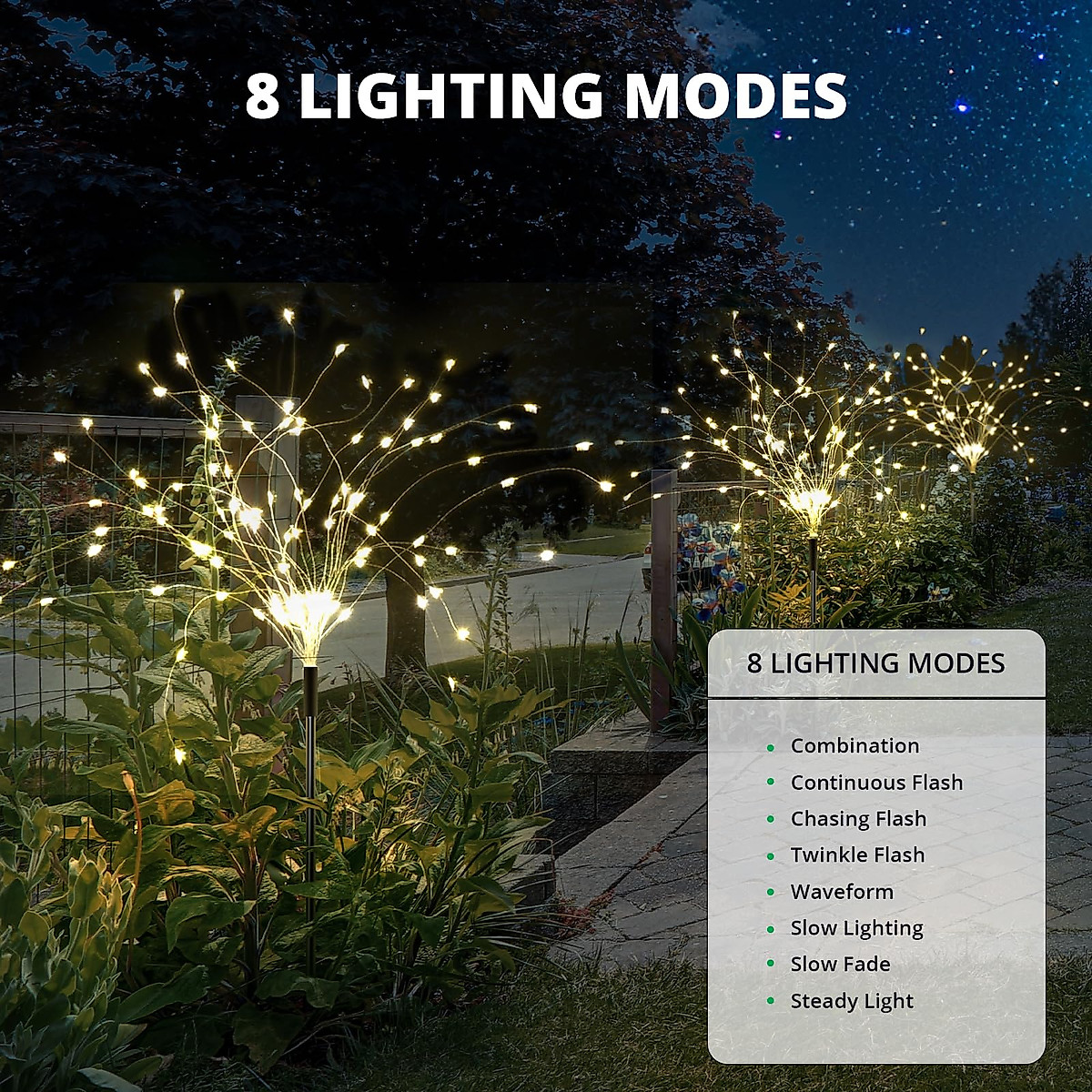 iFalarila 8 Modes Solar Garden Lights with 1200mAH Solar Panels, 480 LED Fairy Lights - Waterproof - Firework Light - String Lights for Yard Decorations, Pathway, Garden, Patio - 4 Pack Warm White