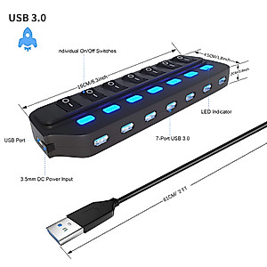 USB Hub 3.0 Splitter,7 Port USB Data Hub with Individual On/Off Switches and Lights for Laptop, PC, Computer, Mobile HDD, Flash Drive and More