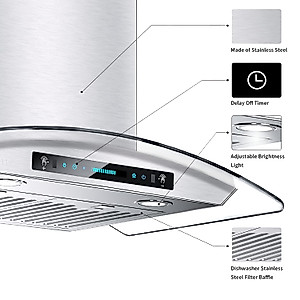 IKTCH 30-inch Wall Mount Range Hood Tempered Glass 900 CFM, Kitchen Chimney Vent Stainless Steel with Gesture Sensing & Touch Control Switch Panel, 2 Pcs Adjustable Lights(IKP03-30)