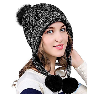 DOCILA Winter Knit Hats for Women Soft Faux Fur Pom Ear Flaps Beanie Warm Travel Ear Covers Peruvian Hat Fleece Liner Sherpa Skii Snow Camping Skully Cap (Black)