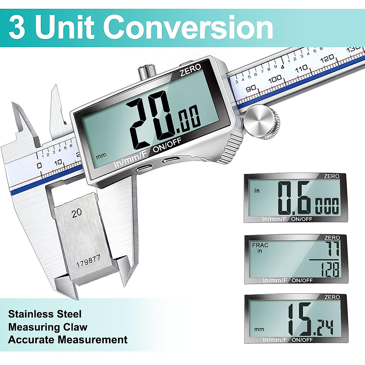 Kynup Digital Caliper, Caliper Measuring Tool with Large LCD Screen, Micrometer Caliper, Stainless Steel, Screen Splash Proof, Easy Switch from Inch Metric Fraction (6 Inch)