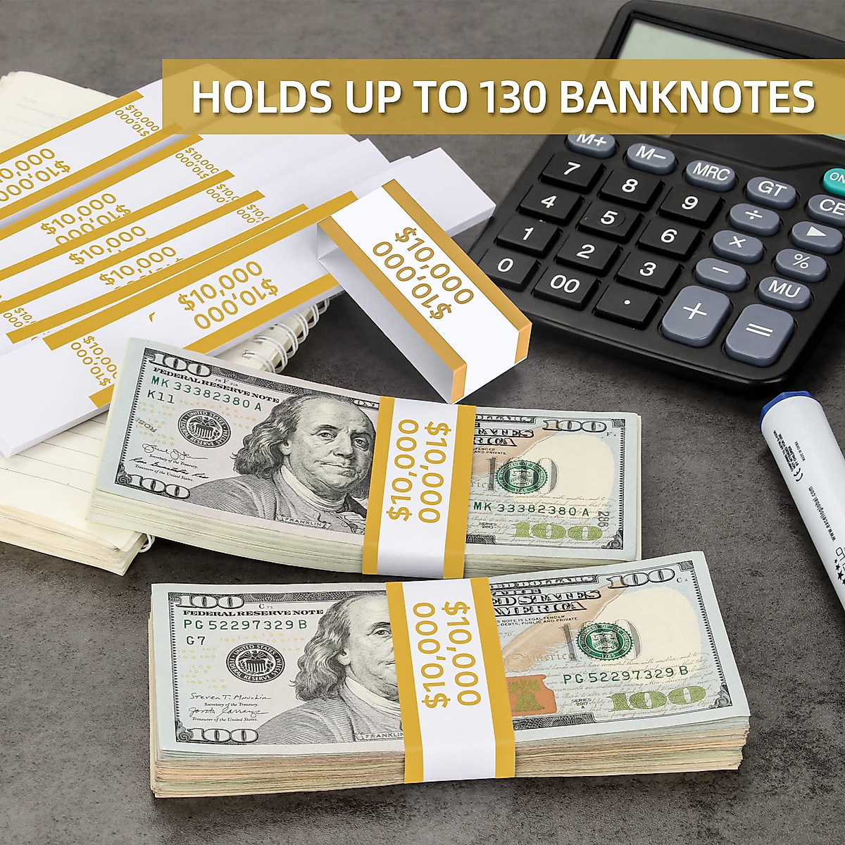 Money Bands 550 Pack for Cash Self Adhesive Wrappers for Bills Currency Straps for Dollar Wraps Organizer($10000 / Gold)