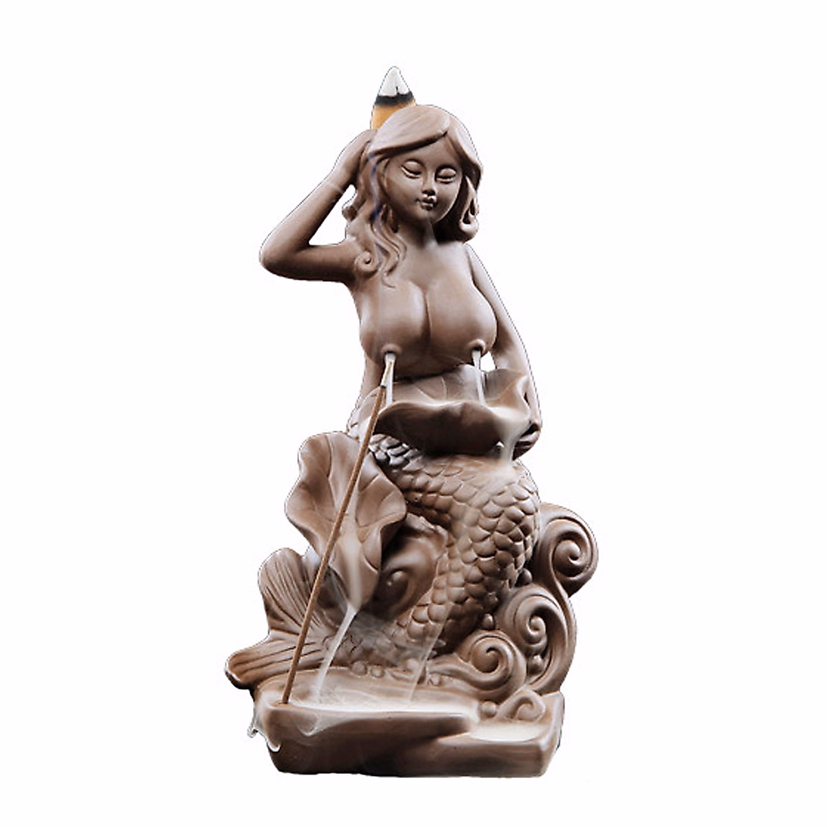 Zen Garden Ceramic Mermaid Incense Holder Backflow Incense Burner Incense Cones Stick Holder, Ideal for Yoga Room, Home Decoration 3.15''X2.76''X6.9''