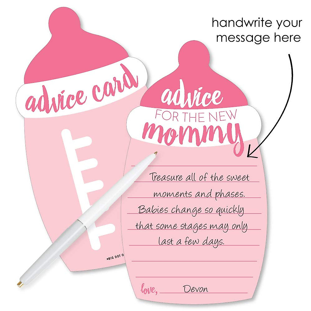 Big Dot of Happiness Baby Girl - Pink Bottle Baby Shower Advice Cards - Set of 20