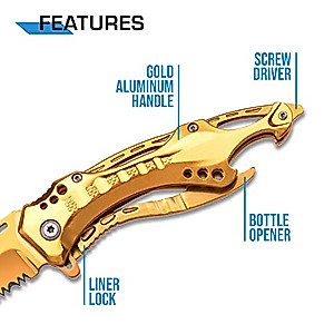 MTech USA – Spring Assisted Folding Knife – Partially Serrated Gold TiNite Coated Stainless Steel Blade, Gold TiNite Coated Aluminum Handle, Pocket Clip, Tactical, EDC, Self Defense- MT-A705GD