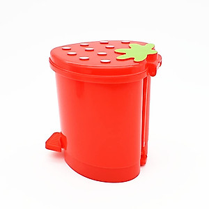 Mini Desktop Wastebasket with Lid Small Strawberry Countertop Trash Can Tiny Plastic Garbage Bin for Office Bathroom Bedroom Makeup Waste Red