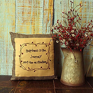 CVHOMEDECO. Rustic “Happiness is The Journey not The Destination” Embroidered Throw Pillow with Berry Vine Decorative Accent. 10 x 10 Inch
