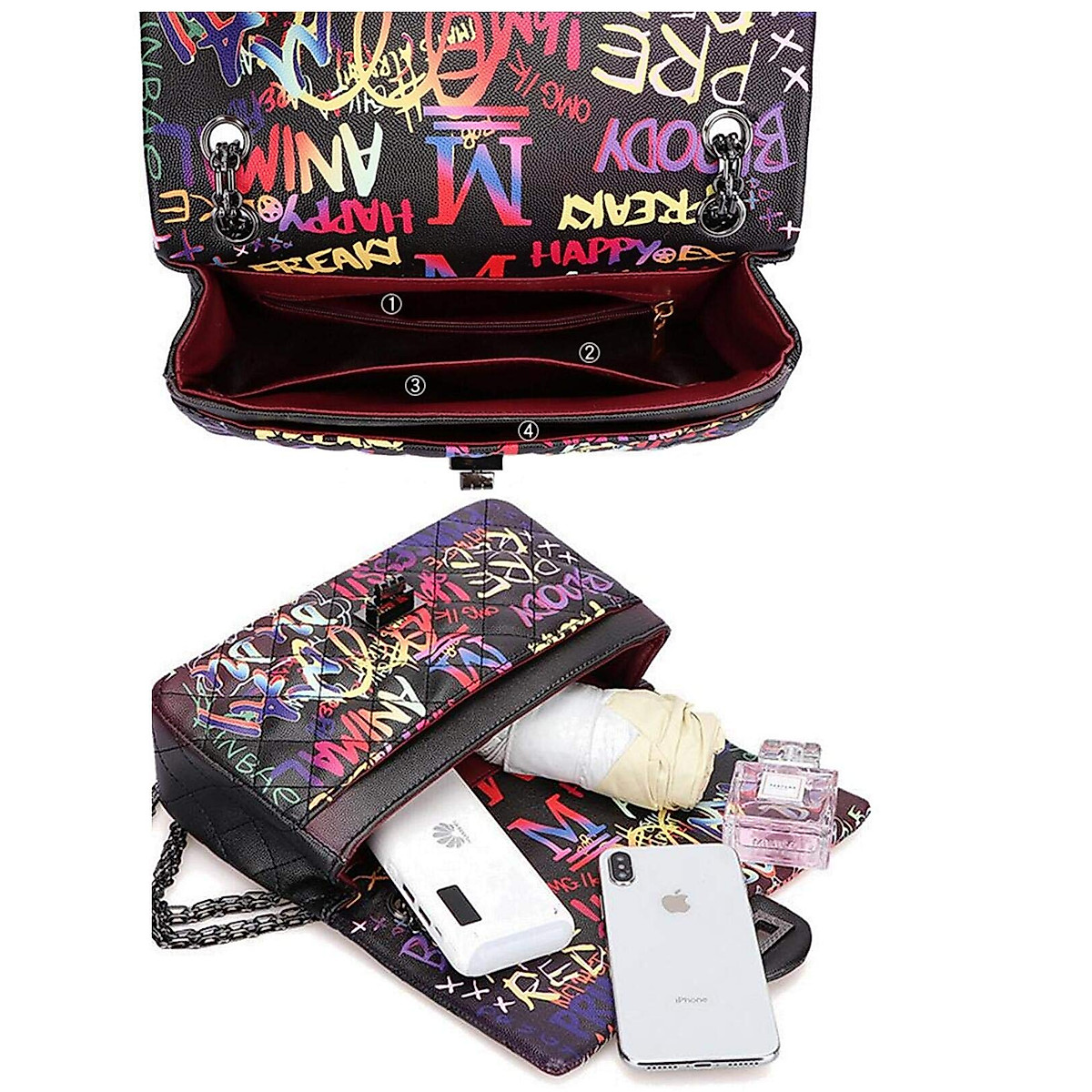 Wxnow Quilted Crossbody for Women PU Leather Shoulder Bags Purse with Chain Strap Handbags Black Graffiti