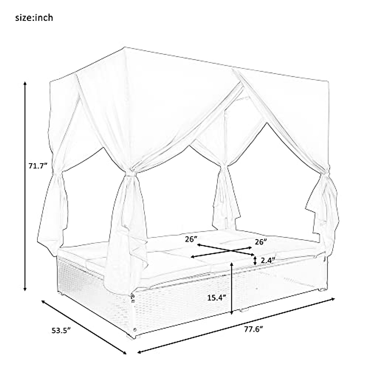 Merax Outdoor Patio Wicker Sunbed Daybed with Canopy, Overhead Curtains, Cushions, Lounge Chairs with Adjustable Seats, Blue