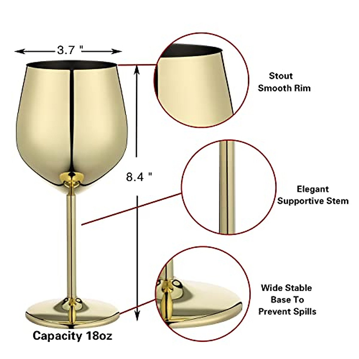 WOTOR Gold Wine Glasses Set of 4, 18oz Unbreakable Gold Goblet, Stainless Steel Wine Glass, Metal Wine Glass for Outdoor, Travel, Camping, Pool, Ideal Gift for Wine Lovers