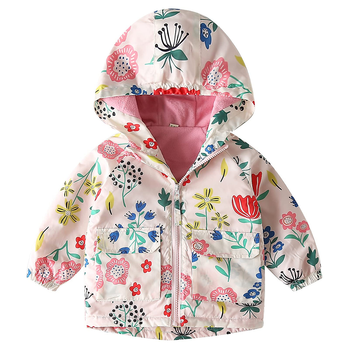Little Girls Jackets Fleece Lined Hooded Light-Waterproof Windbreaker Trench Coat Toddler Baby Cartoon Printed Softshell Hoodies Outdoor Outwear Zip Up Dust Coat for Kids Beige Floral 4-5T