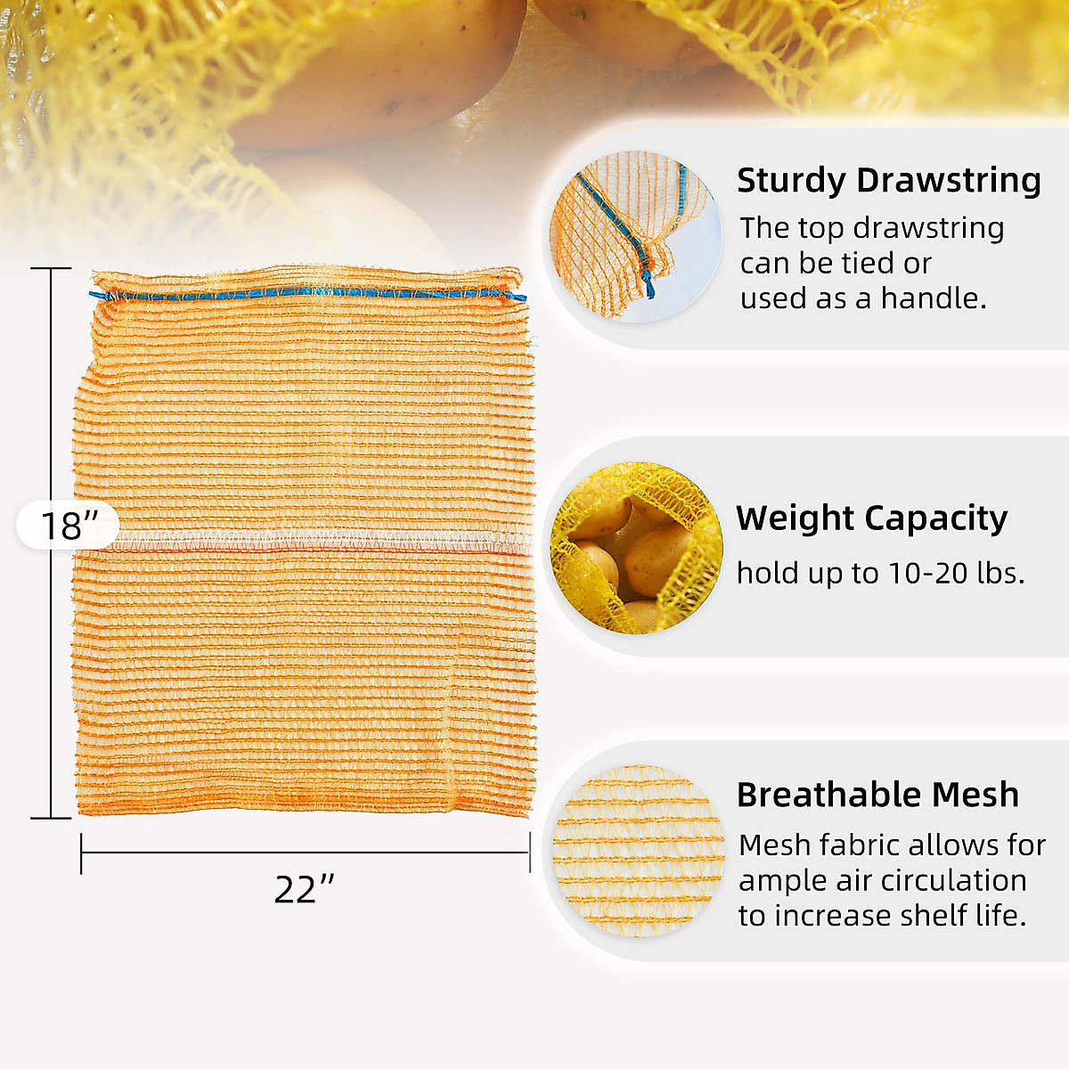 deebree Reusable Potato Storage Mesh Bags, 18"×22” Breathable Mesh Firewood Bags Raschel Mesh Bag for Vegetables Washable Net Bags with Drawstring for Potato Onion Storage 10 Pack