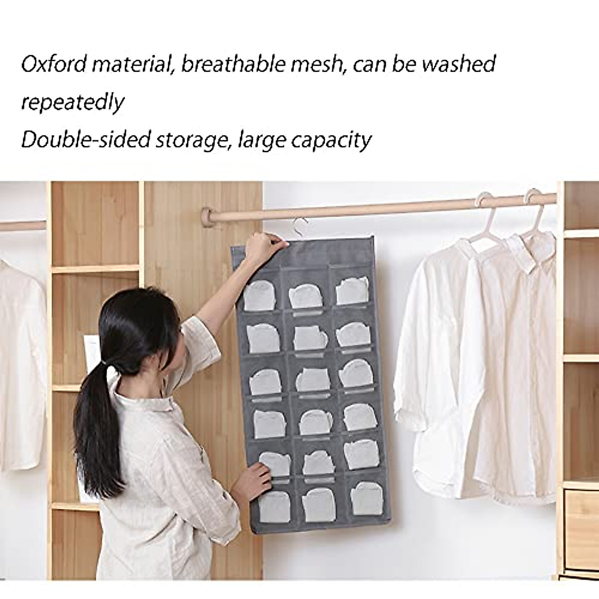Hanging Closet Organizer for Underwear, Space Saving Storage Pocket Bag Dual-Sided for Bra,Jewelry,Stockings,Panties, Socks, 30 Pockets (Gray)