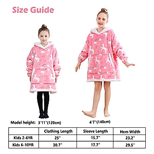 Wearable Blanket Hoodie for Kids, Super Warm and Soft Sherpa Flannel Sweatshirt Blanket with Giant Pocket, Hooded Blanket for 6-10 Year Old Girls Gifts, Pink Unicorn