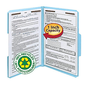 Smead 100% Recycled Pressboard Fastener File Folder, 2 Fasteners, 1/3-Cut Tab, 2" Expansion, Legal Size, Blue, 25 per Box (20001)