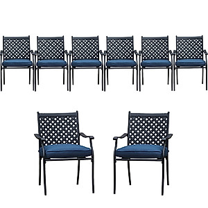 LOKATSE HOME 8 Piece Outdoor Patio Dining Chair Set Metal Furniture with Arms and Seat Cushions, Blue
