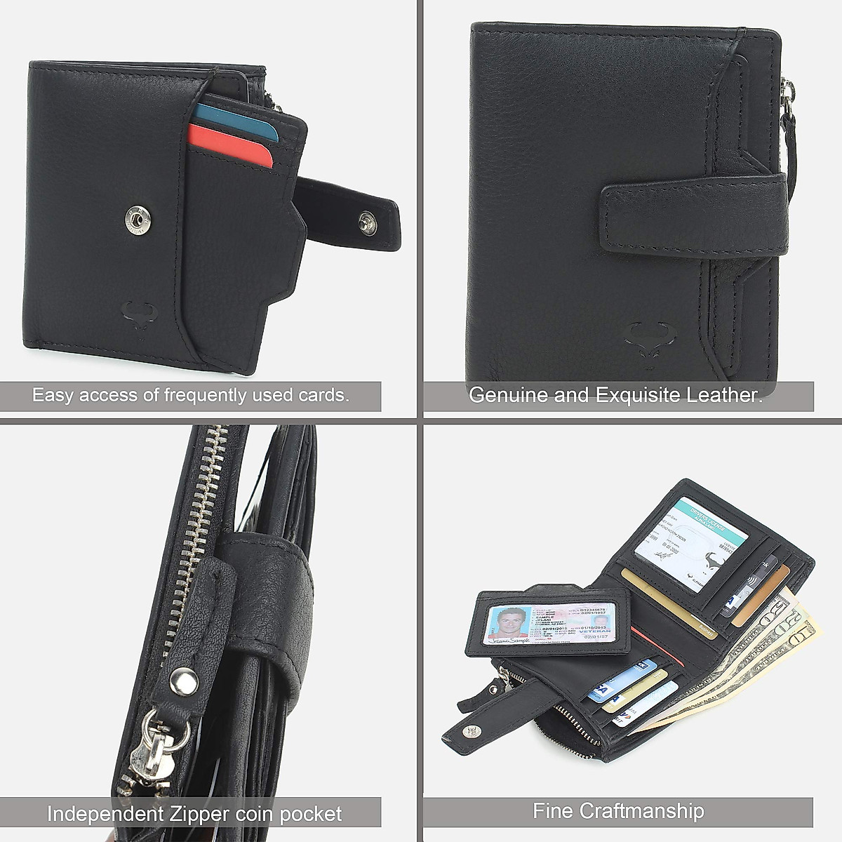 ALPHAHIDE Genuine Leather Compact Bifold Wallet for Women - RFID Blocking Ladies Wallet - Removable ID/Credit Card Case - Credit Card holder with Zipper Coin Pocket - Gift Boxed