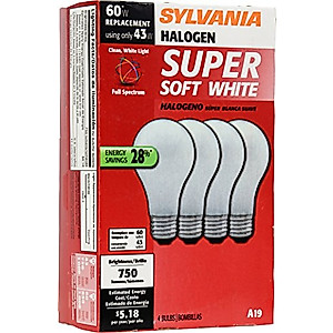 SYLVANIA Halogen A19 Light Bulb, 43W=60W Equivalent, E26 Medium Base, 600 Lumens, 100 CRI, 2700K Soft White - 4 Pack (50005)