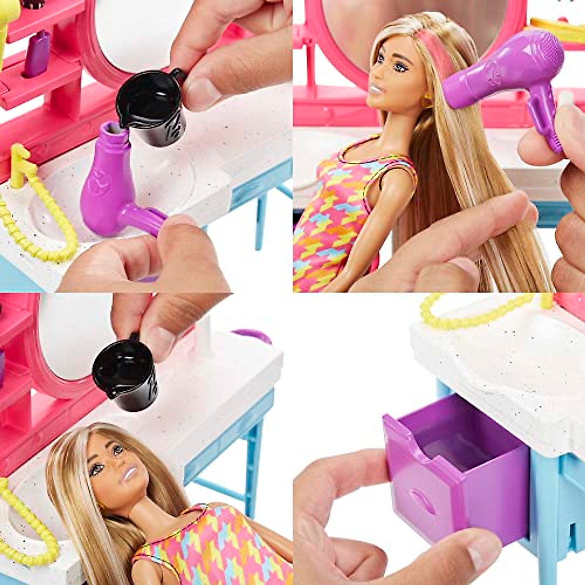 Barbie Doll and Hair Salon Playset with 15 Styling Accessories and Furniture, Long Color-Change Hair and Printed Dress