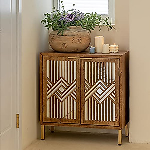 LONYKE Mid Century Modern Dresser, 2 Door Accent Cabinet Woven with Mirror Fronts Clean-Lined Silhouette, Natural