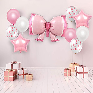 Pink Bow Birthday Party Decorations,Coquette Birthday Decorations Girl Bow Theme Birthday Party Decor Pink Bow Balloon Bow Happy Birthday Banner for Girl 1st 2nd Birthday