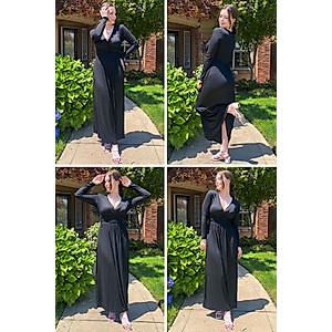 OUGES Womens Long Sleeve Black Dress V-Neck Wrap Waist Fall Formal Maxi Dress Winter Dresses for Women 2025(Black,XL)