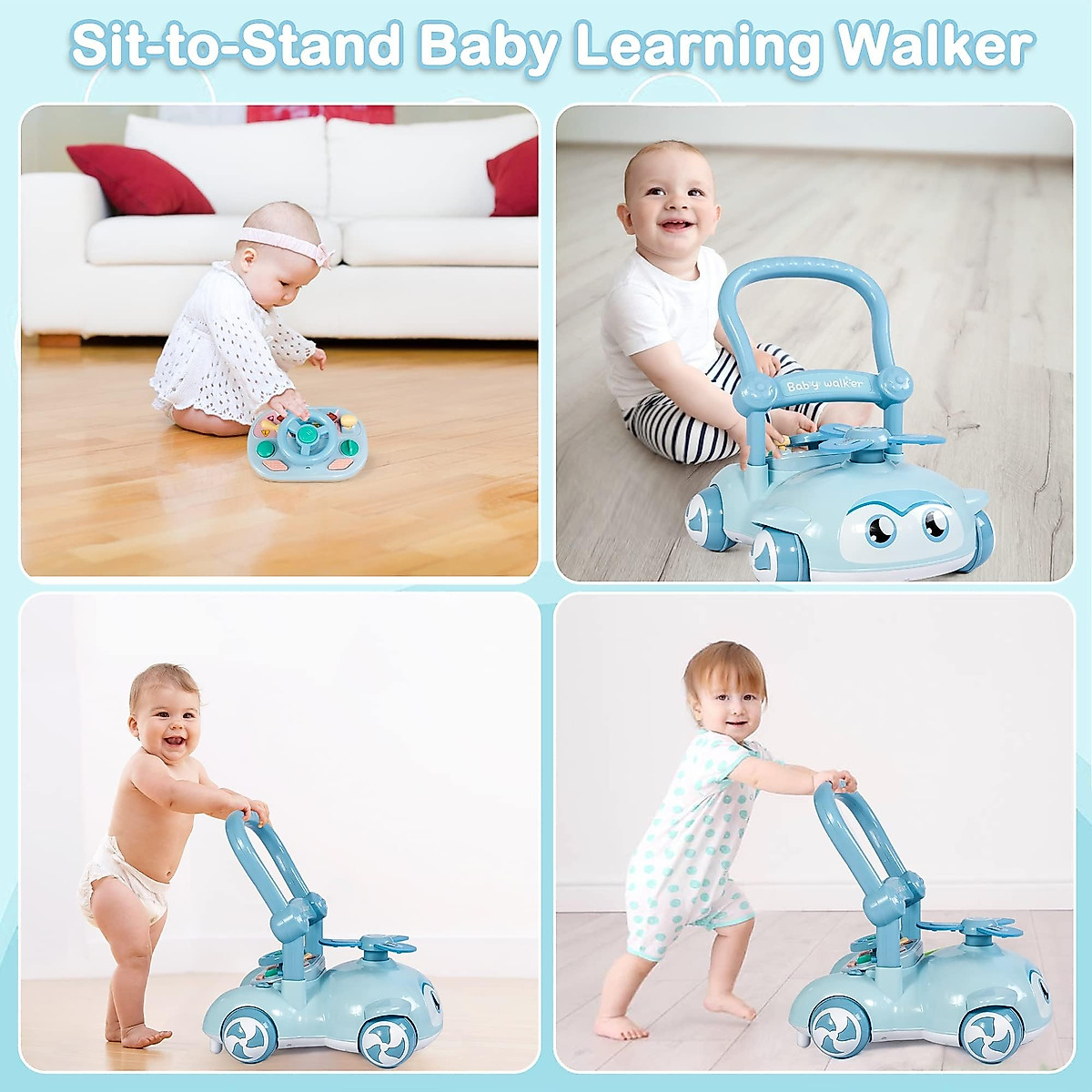 COLOR TREE 2 in 1 Baby Walker + Toddler Steering Wheel Activity Center, Sit-to-Stand Push Pull Walker, Early Educational Learning Toy with 4 Large Wheels and EVA Flash Lamp Blades and Music, Blue