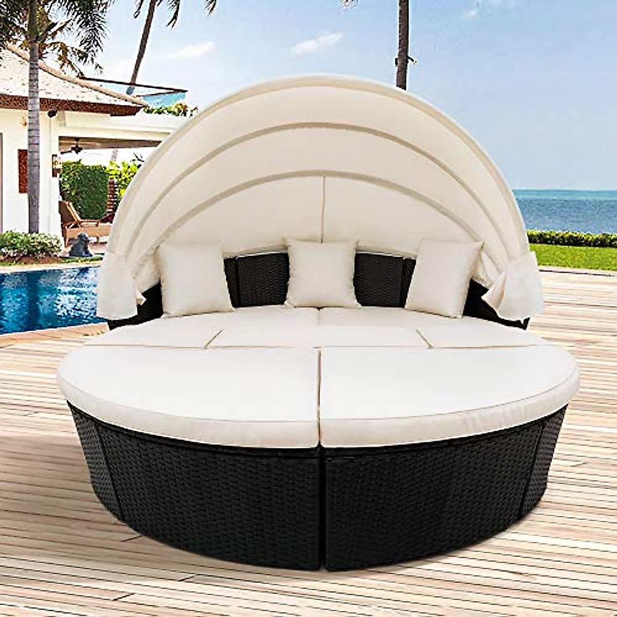 MOEO Outdoor Rattan Patio Furniture Round Daybed Sunbed with Retractable Canopy, All-Weather Wicker Sectional Sofa Set w/Washable Cushions for Garden, Porch, Backyard, Beige