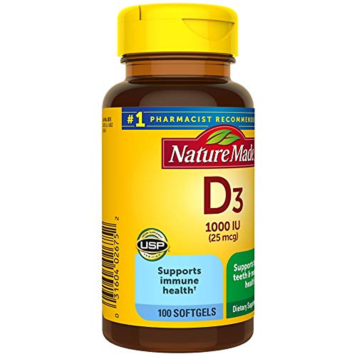 Vitamin D3, 100 Softgels, Vitamin D 1000 IU (25 mcg) Helps Support Immune Health, Strong Bones and Teeth, & Muscle Function, 125% of the Daily Value for Vitamin D in Only One Daily Softgel