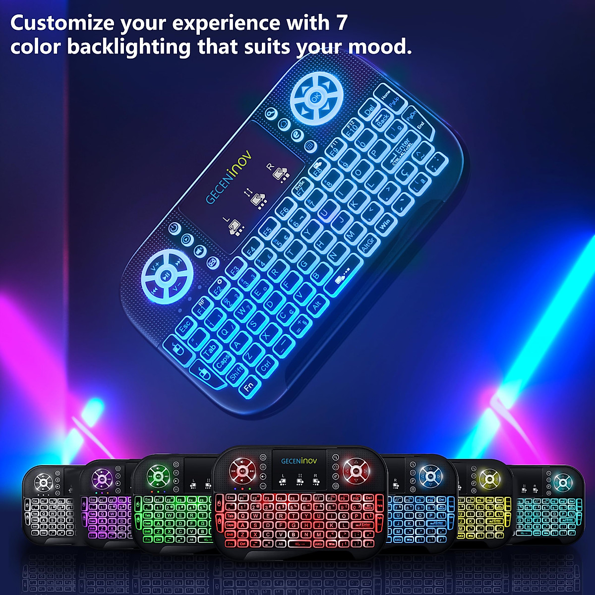 GECENinov Mini Wireless Touchpad Keyboard, Portable , 7 Colors RGB Backlit , 2.4G Rechargeable Remote Controller Mouse Combo, Compatible with PC, Laptops, Smart TVs, Gaming